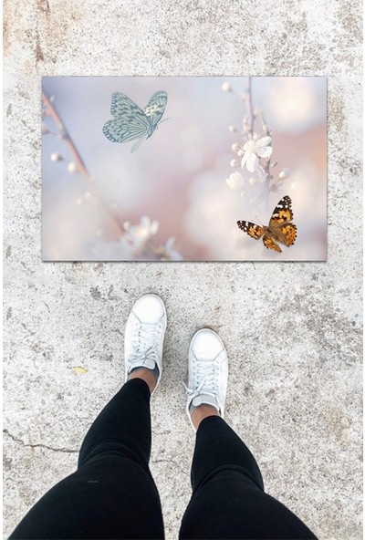 Silkcoat Home Dijital Baskı Açık Mavi Kelebek Desen Kapı Önü Paspası PS1357