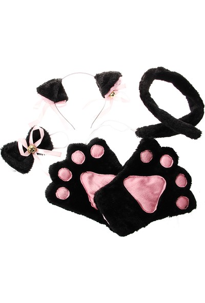 Guangdong Spirit Siyah Pembe Kedi Cosplay Set Paw Pençe Eldiven Kulak Toka Kuyruk Papyon Kostüm Guangdong Spirit Siyah Pembe Kedi Cosplay Set Paw Pençe Eldiven Kulak Toka Kuyruk Papyon Kostüm
