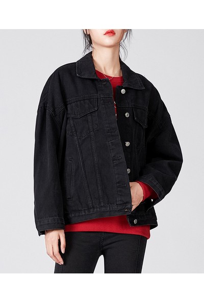 Wonderland Büyük Boy Uzun Kollu Kadın Kot Ceket One Size Beden - Siyah (Yurt Dışından)