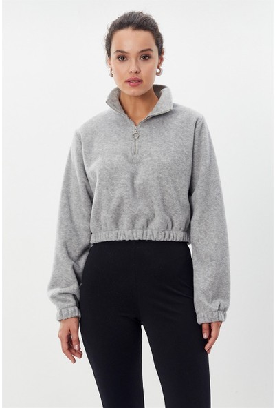 Nalu Gri Fermuarlı Crop Örme Sweatshirt