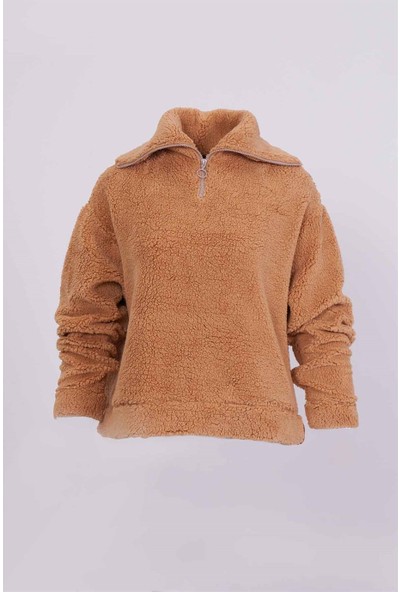 Nalu Taba Kadın Fermuarlı Polo Yaka Peluş Sweatshirt