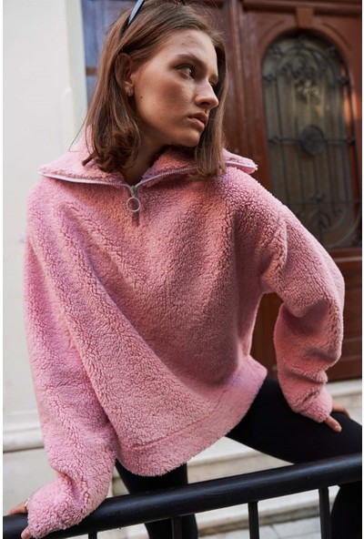 Nalu Pembe Kadın Fermuarlı Polo Yaka Peluş Sweatshirt