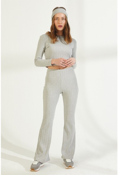 Nalu Gri Melanj Geniş Paça Fitilli Pamuklu Pantolon