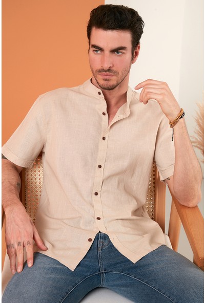 Buratti Keten Görünümlü Hakim Yaka Kısa Kol % 100 Pamuk Gömlek Erkek Gömlek CF21S113899