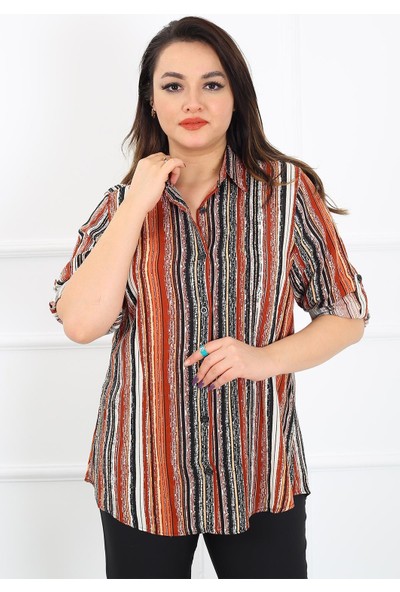By Alba Collection Kadın Kiremit Geçiş Çizgili Pamuk Viskon Büyük Beden Gömlek