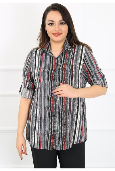 By Alba Collection Kadın Gri Geçiş Çizgili Pamuk Viskon Büyük Beden Gömlek