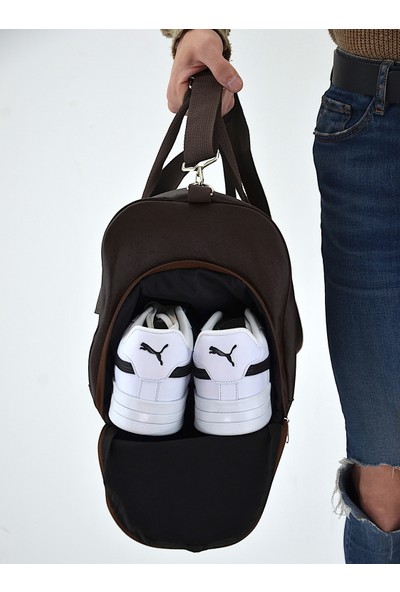 Suni Deri Silindir Spor & Seyahat Çantası Omuz & El Askılı Yan Ayakkabı Bölmeli