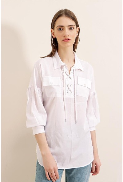 By Moda İnci Pamuk Bağlama Detaylı Gömlek