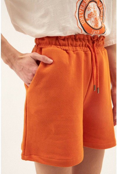Dimalis Beli Lastikli Kadın Basic Turuncu Kısa Şort