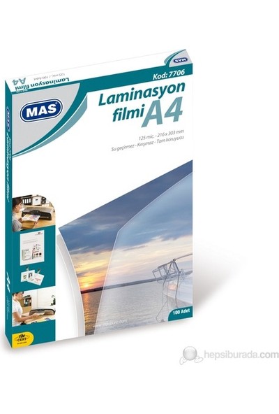 Mas Laminasyon Filmi A4 216X303 125 Mic 7706 100 Lü Paket 7706 Mas Laminasyon Filmi A4 216X303 125 Mic 7706 100 Lü Paket 7706