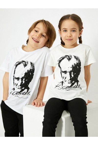 Çiggo Kids Beyaz Atatürk Baskılı Çocuk Tişört Kız Erkek Pamuklu