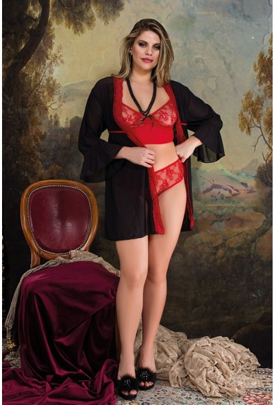 Bella Notte Kırmızı Dantel Büstiyer Külot Sabahlık Takım 9640