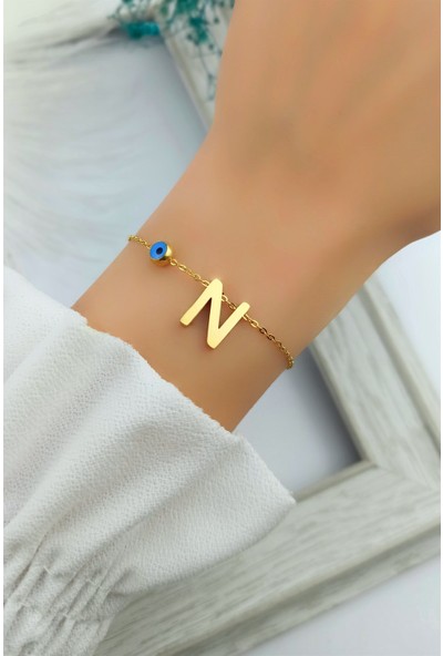 ÇLK Accessories Çelik Nazar Boncuklu N Harf Bileklik ÇLK Accessories Çelik Nazar Boncuklu N Harf Bileklik