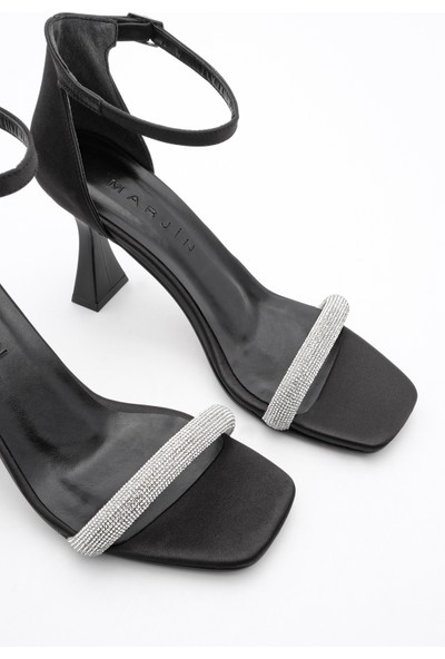 Marjin Kadın Taşlı Abiye Topuklu Ayakkabı Küt Burun Bilekten Bantlı Tenra