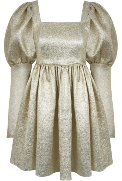 Luxez Lorena Kare Yaka Balon Kol Parlak Elbise