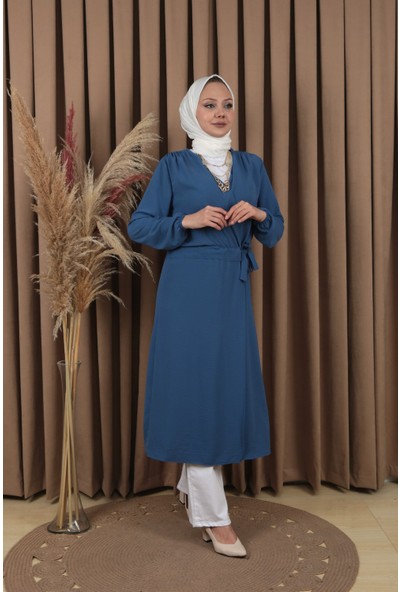 Yağızlar Kadın Indigo Beli Kuşaklı Kol Ucu Lastikli Kap Yağızlar Kadın Indigo Beli Kuşaklı Kol Ucu Lastikli Kap