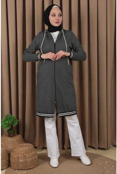 Yağızlar Kadın Siyah Kapüşonlu Kaz Ayağı Desen Scuba Krep Kap Yağızlar Kadın Siyah Kapüşonlu Kaz Ayağı Desen Scuba Krep Kap