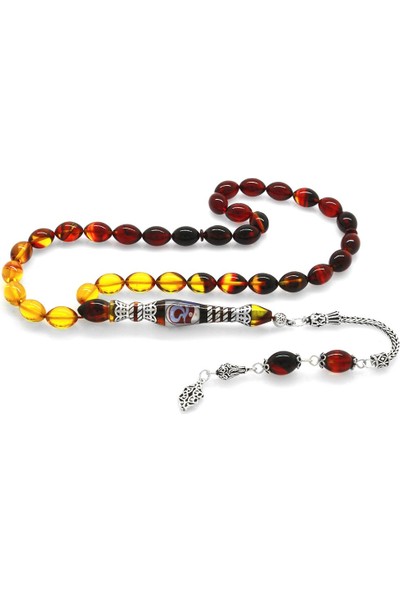 Nipora 925 Ayar Gümüş Nakkaş Imameli Trabzonspor Logolu Süzme Bala-Siyah Ateş Kehribar Tesbih