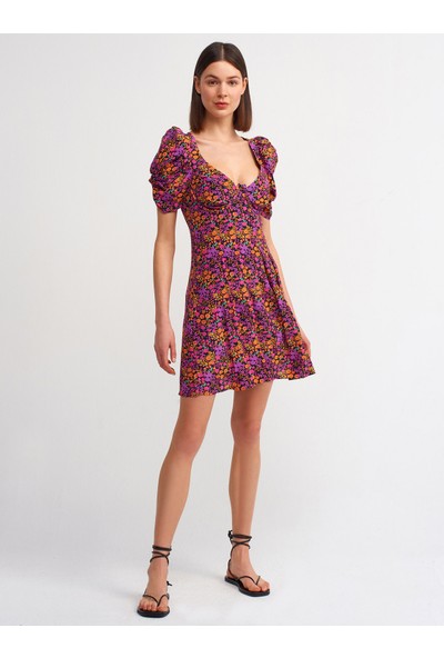 Dilvin 90317 Çicek Desenli Mini Elbise-Siyah