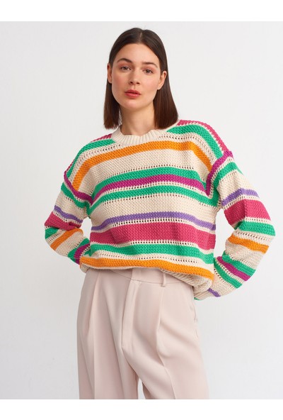 Dilvin 10147 Bisiklet Yaka Çizgili Kazak-Yeşil