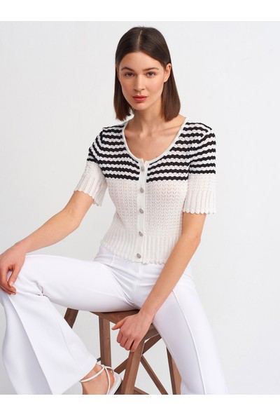 Dilvin 60119 Kısa Kol Triko Hırka-Ekru-Siyah