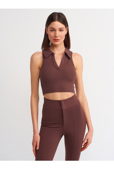 Dilvin 3699 Polo Yaka Crop Top-Koyu Kahve Dilvin 3699 Polo Yaka Crop Top-Koyu Kahve