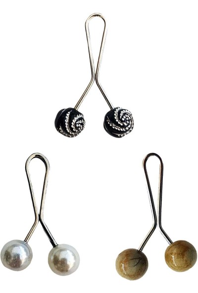 3 Adet Tesettür Eşarp ve Şal Klipsi Inci Beyaz Hardal Siyah Desenli