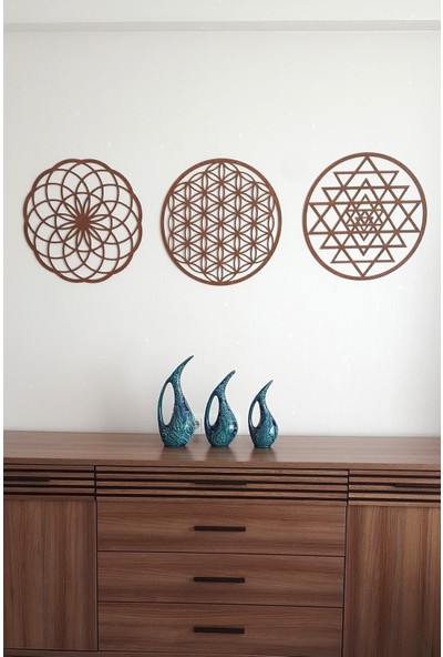 Yeni Hayat Dekorasyon Yaşam Çiçeği Sri Yantra ve Torus Set Kahverengi Duvar Tablosu 3'lü