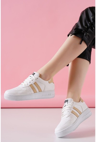 Çift Bant Kadın Spor Ayakkabı - Krem Beyaz Çift Bant Kadın Spor Ayakkabı - Krem Beyaz