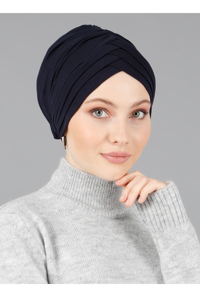 3 Bantlı Jersey Viskon Hazır Türban - Lacivert - Mervin Şal