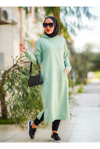 Kanguru Cepli Yandan Yırtmaçlı Kapüşonlu Uzun Sweatshirt - Çağla - Por La Cara