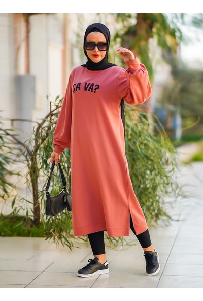 Baskılı ve Yandan Yırtmaçlı Uzun Sweatshirt - Gül Kurusu - Por La Cara