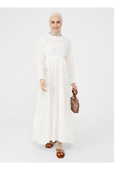 Bel Detaylı Keten Görünümlü Elbise - Off White - Refka Casual