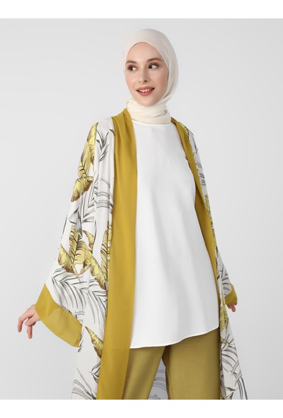 Çiçek Desenli Saten Kimono - Yağ Yeşili Beyaz - Refka Woman Çiçek Desenli Saten Kimono - Yağ Yeşili Beyaz - Refka Woman