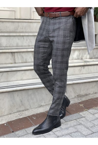 Sardınelli Dar Kesim Özel Desenli Ekose Kumaş Pantolon