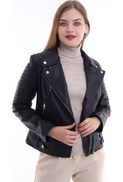 Ohepmoda Yan Apoletli Kadın Deri Ceket Mont Siyah