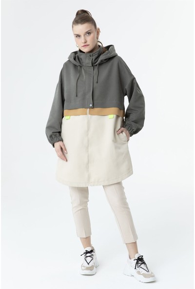 Puane 90102 Kapişonlu Fermuarlı Iki Renk Ara Boy Kap Haki