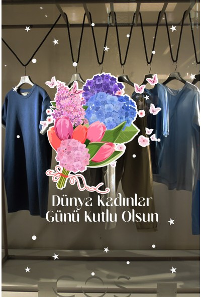 Çiçek Demeti ve Kadınlar Günü Kutlu Olsun Yazısı Vitrin Cam Stickerı Çiçek Demeti ve Kadınlar Günü Kutlu Olsun Yazısı Vitrin Cam Stickerı