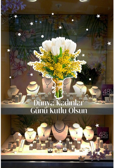 Sarı Çiçek Demeti ve Kadınlar Günü Kutlu Olsun Yazısı Vitrin Cam Stickerı Sarı Çiçek Demeti ve Kadınlar Günü Kutlu Olsun Yazısı Vitrin Cam Stickerı