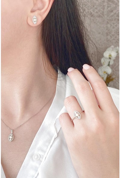 BIRINCI1926 14 Ayar Beyaz Altın Göz Tek Incili Pırlanta Set BIRINCI1926 14 Ayar Beyaz Altın Göz Tek Incili Pırlanta Set