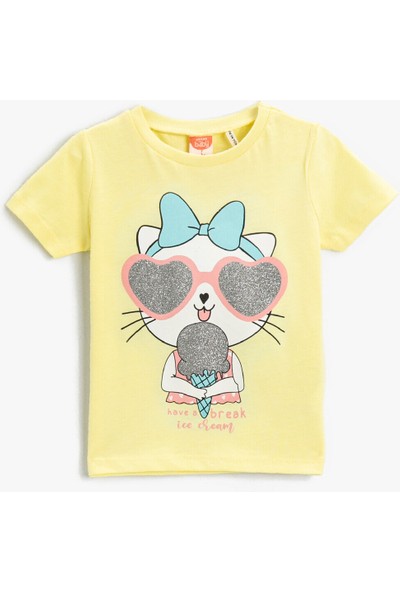 Koton Kız Bebek Kedi Baskılı Bisiklet Yaka Tişört Pamuklu
