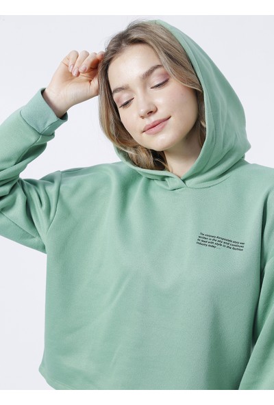 Aeropostale Kapüşonlu Crop Baskılı Kadın Yeşil Sweatshirt - K-GAIA-Y