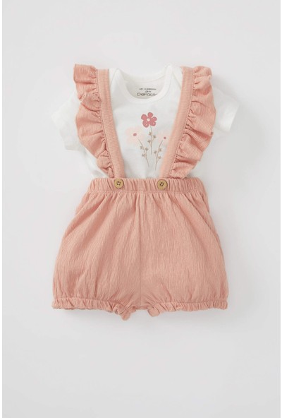 DeFacto Kız Bebek Baskılı Kısa Kol Pamuklu Tişört Ve Dokulu Kısa Tulum Takım X3487A222SP