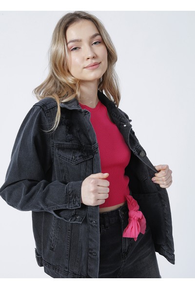 Limon Oversize Düz Kadın Antrasit Denim Ceket - Wınnıppeg