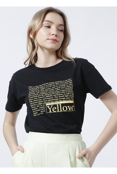 Limon Bisiklet Yaka Regular Fit Baskılı Siyah Kadın T-Shirt - SAVAN