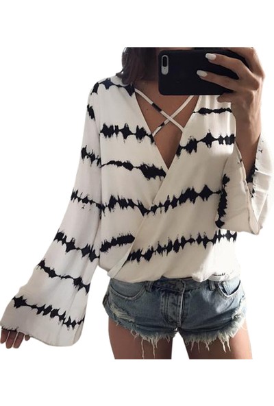 Kalavika Ebay Yaz Yeni Zebra Desenli Şifon V Yaka Bluz Spot