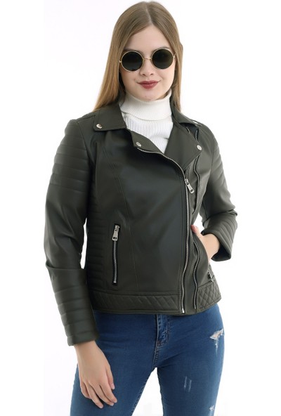 Ohepmoda Kol Detaylı Kadın Deri Ceket Mont Haki Ohepmoda Kol Detaylı Kadın Deri Ceket Mont Haki