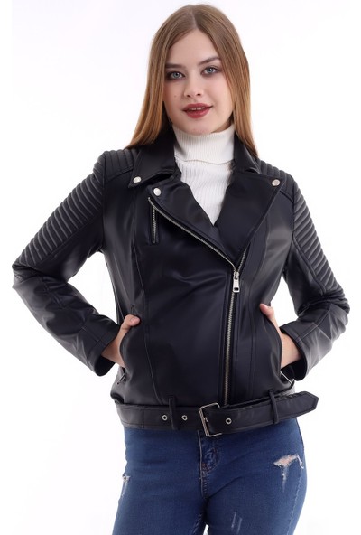 Ohepmoda Fermuar Detaylı Kemerli Kadın Deri Ceket Mont Siyah CRB7503S Ohepmoda Fermuar Detaylı Kemerli Kadın Deri Ceket Mont Siyah CRB7503S