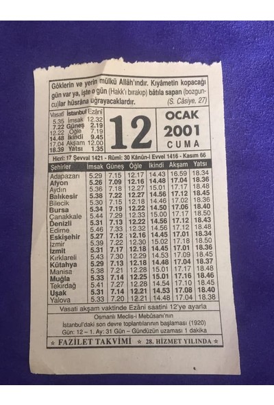 12 Ocak 2001 Takvim Yaprağı - Nostalji Koleksiyonluk Takvim Yaprağı