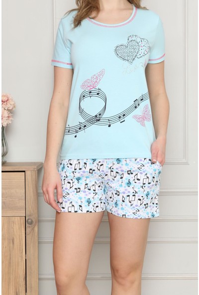 Nicoletta Mavi Kadın Şortlu Pijama Takımı Kısa Kollu Cepli Pamuk Likrali